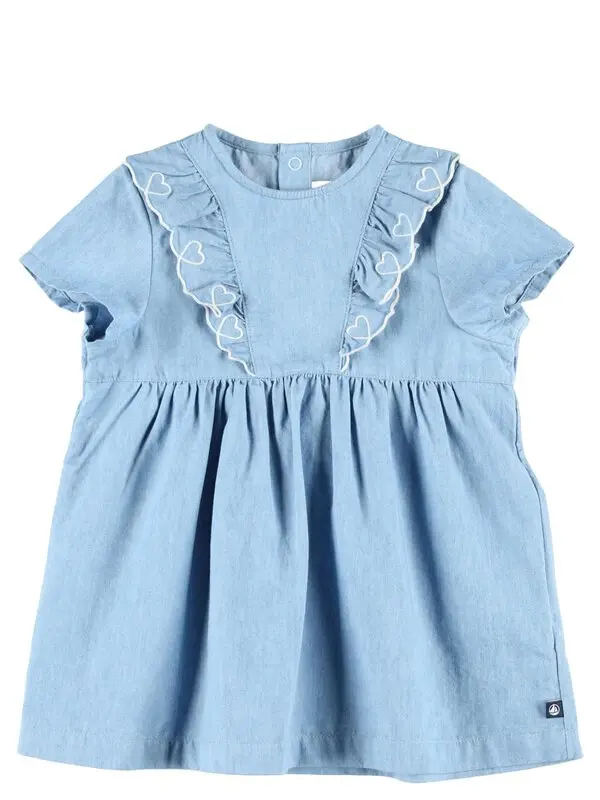 Petit Bateau Mini Chambray Cotton Baby Dress With Heart Embroidery - Blue