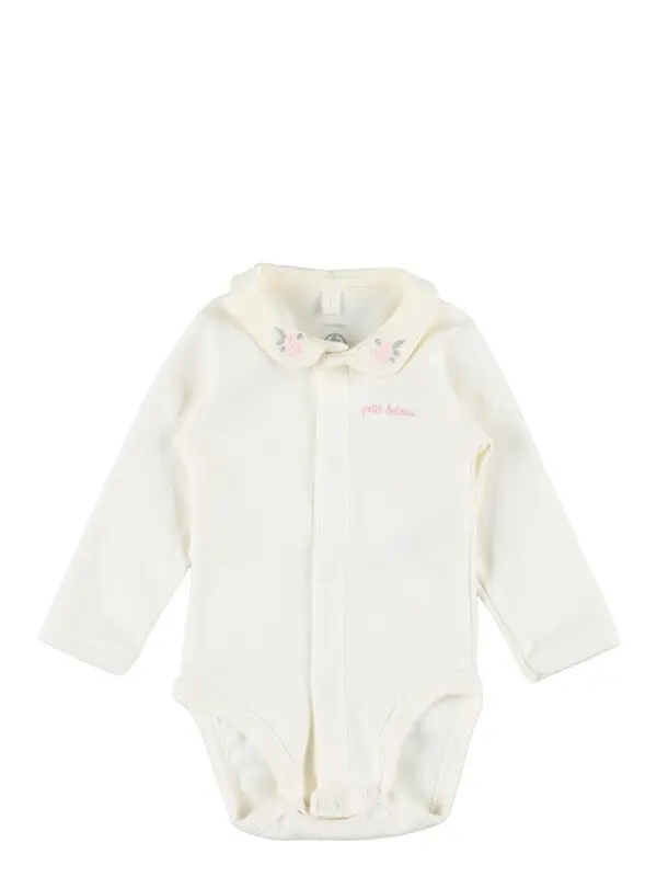 Petit Bateau Mini Floral Embroidered Cotton Bodysuit With Peter Pan Collar - Beige