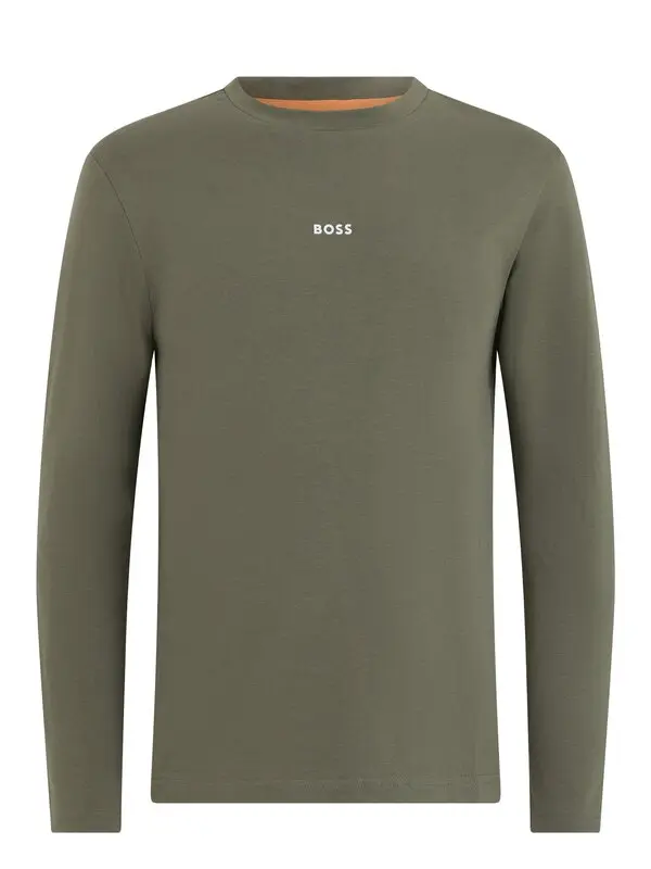 BOSS Elastic Cotton Long-sleeve Shirt With Minimalist Round Neck - Khaki