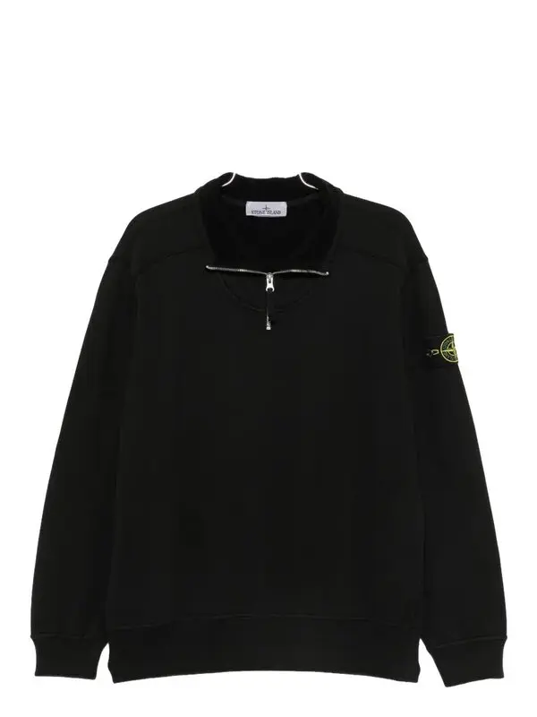 Stone Island Comfort Fit Cotton Zip-front Sweater With Ribbed Inner Placket And Badge Detail - Nero
