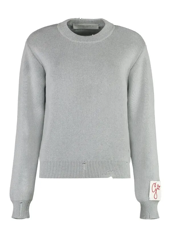 GOLDEN GOOSE Distressed Cotton Crew-neck Sweater With Ribbed Edges - Grey