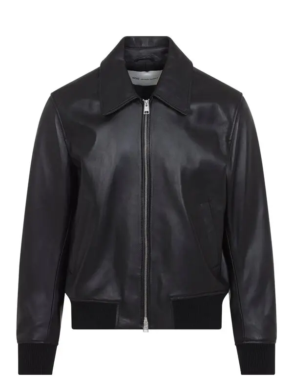 AMI Paris 100% Lamb Leather Zipped Jacket - Black