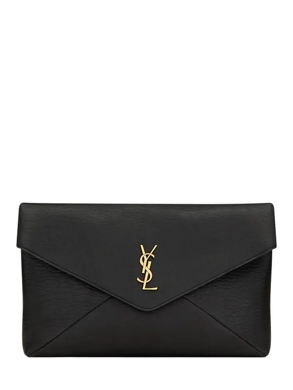 Saint Laurent Leather Envelope Clutch With Gold Tone Logo - Nero