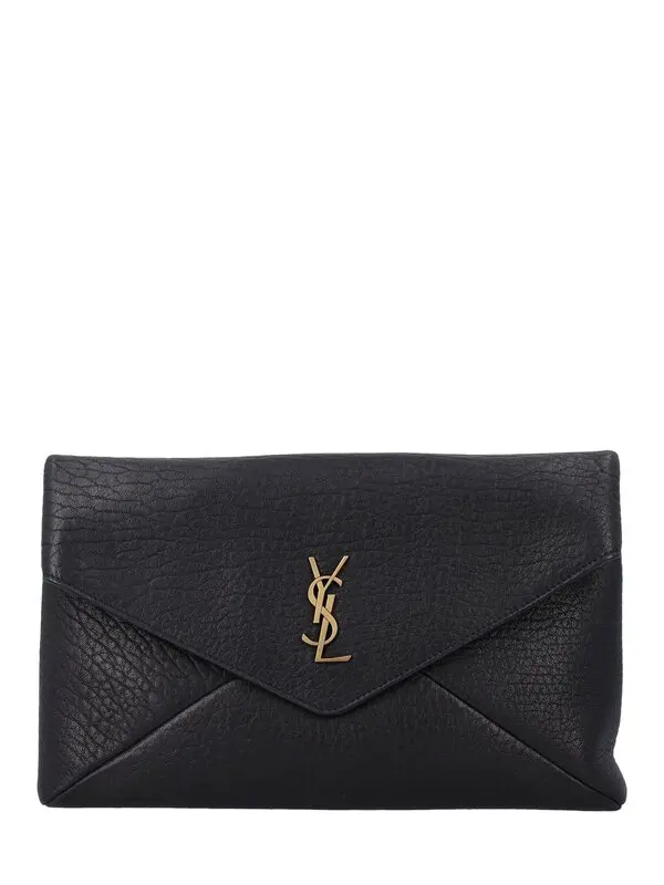 Saint Laurent Leather Envelope Clutch With Gold Tone Logo - Nero
