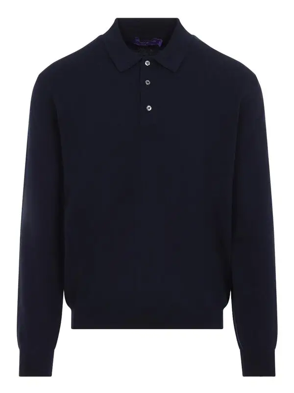 Ralph Lauren Purple Label Ribbed Cashmere Polo Neck Sweater - Blue