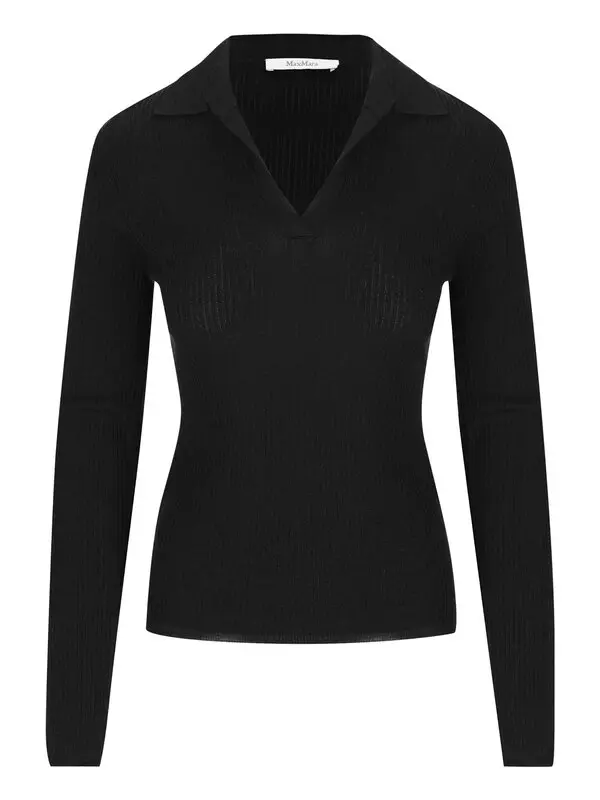 Max Mara Silk-cashmere Blend Sweater With Open Polo Collar - Nero