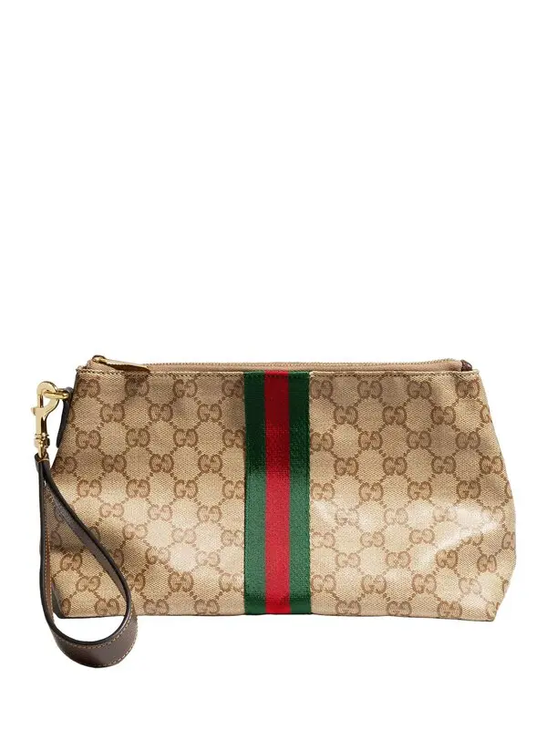 Gucci Gg Coated Canvas Wristlet With Web Stripe And Leather Trim - Beige