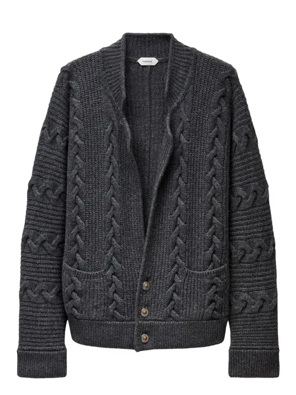 Versace Wool & Cashmere Knit Cardigan With Medusa Buttons - Gray