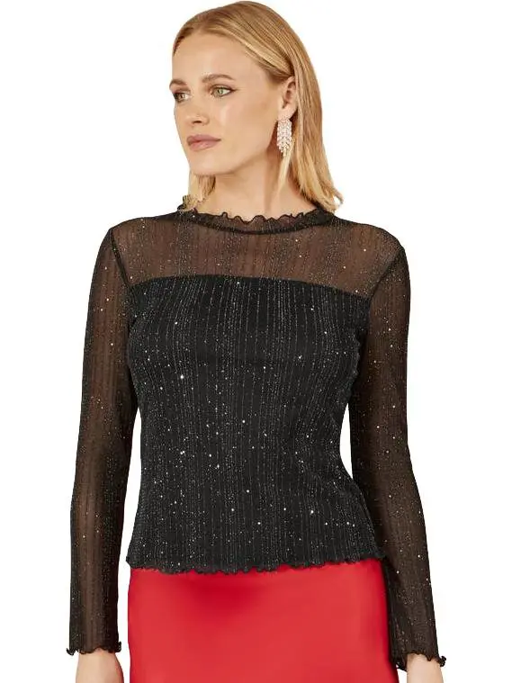YUMI Sparkle Print Mesh Stretch Fitted Top - Black