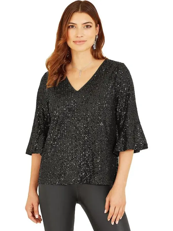 YUMI Sequin V-neck Fluted Sleeve Top - Black