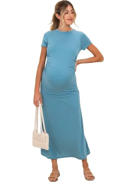 PINKBLUSH Short Sleeve Ruched Midi Dress - Blue