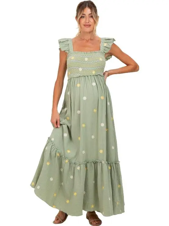 PINKBLUSH Floral Embroidered Smocked Maxi Dress - Light Olive