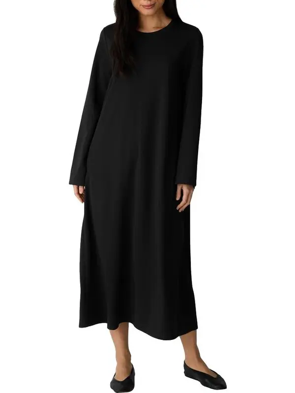 Eileen Fisher Crewneck Long Sleeve Midi Dress - Black