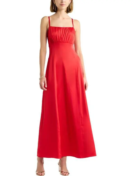 Chelsea28 Satin Square Neck Spaghetti Strap Maxi Dress - Red Pepper