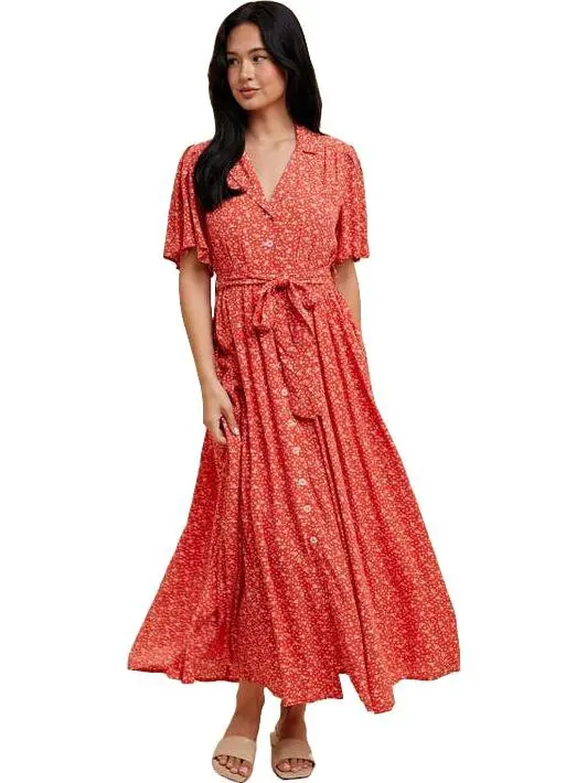 PINKBLUSH Flutter Sleeve Button Down Maxi Dress - Red