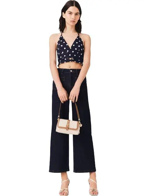 Maje Backless Linen Blend Top - Navy Dots Print