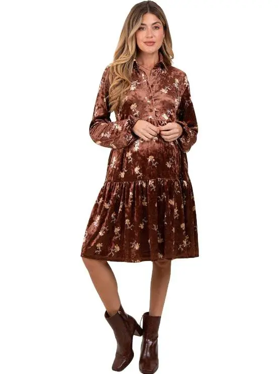 PINKBLUSH Floral Velvet Button Down Midi Dress - Brown