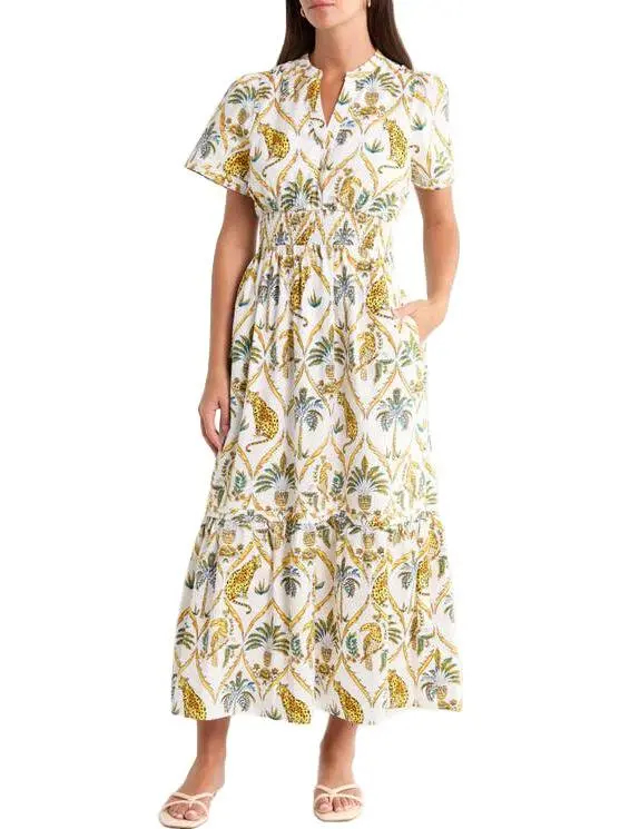 SUGARLIPS Belraj Tiered Cotton Poplin Maxi Dress - White-camel
