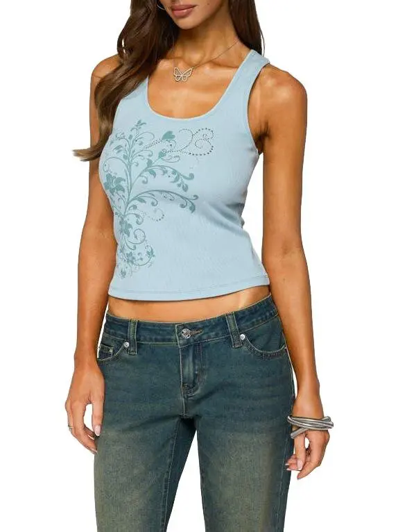 EDIKTED Veila Rhinestone Ribbed Graphic Tank - Light-blue