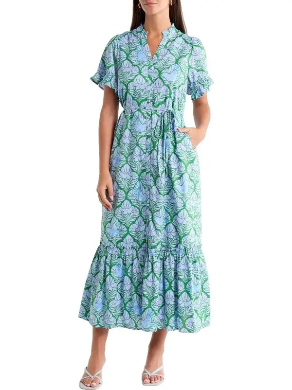 SUGARLIPS Alna Floral Ruffle Trim Button-up Midi Dress - Emerald-blue