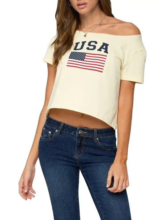 EDIKTED Usa Babe Off The Shoulder Graphic Tee - Yellow