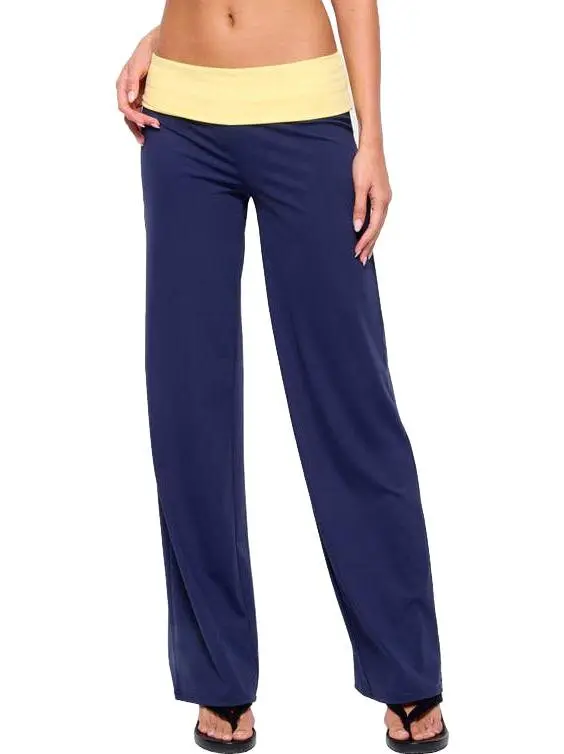 EDIKTED Dayna Contrast Foldover Straight Leg Pants - Navy