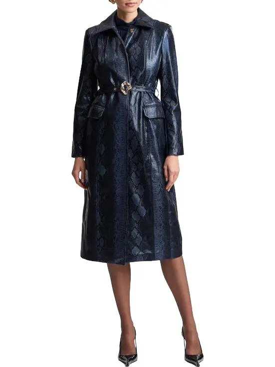 Avec Les Filles Snakeskin Embossed Faux Leather Belted Trench Coat - Navy Python