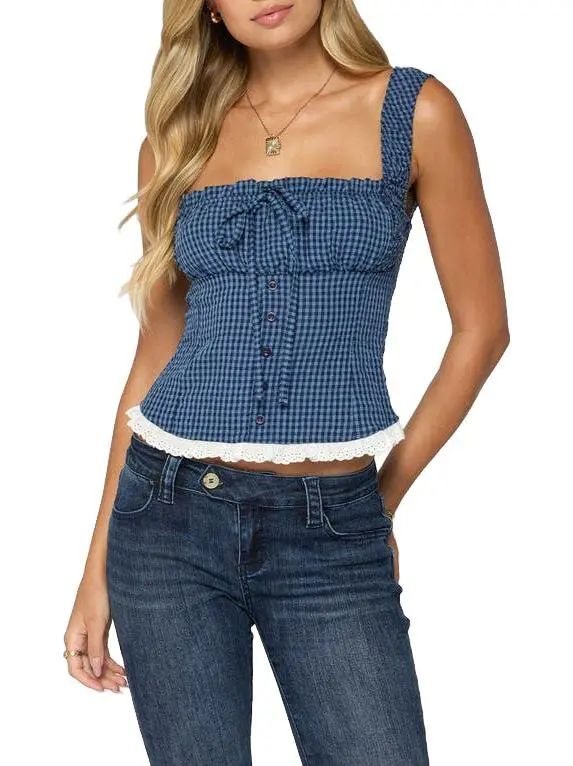 EDIKTED Zeffie Gingham Tie Front Top - Navy