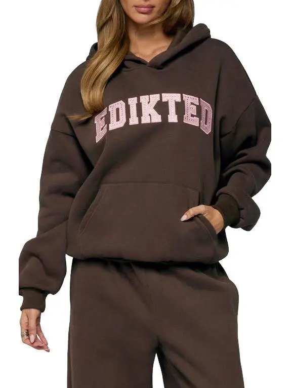 EDIKTED Glow Rhinestone Graphic Hoodie - Brown