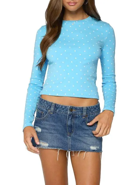 EDIKTED Daliya Polka Dot Long Sleeve Crop Top - Turquoise