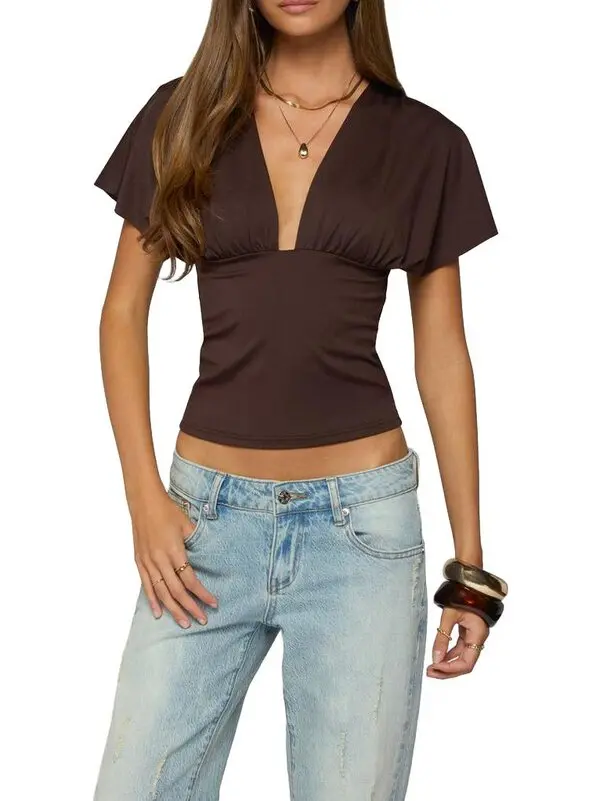 EDIKTED Flutter Plunging V-neck Top - Dark-brown