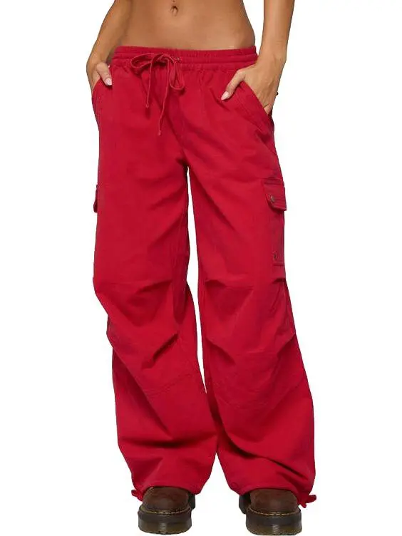EDIKTED Paskal Twill Baggy Parachute Pants - Red