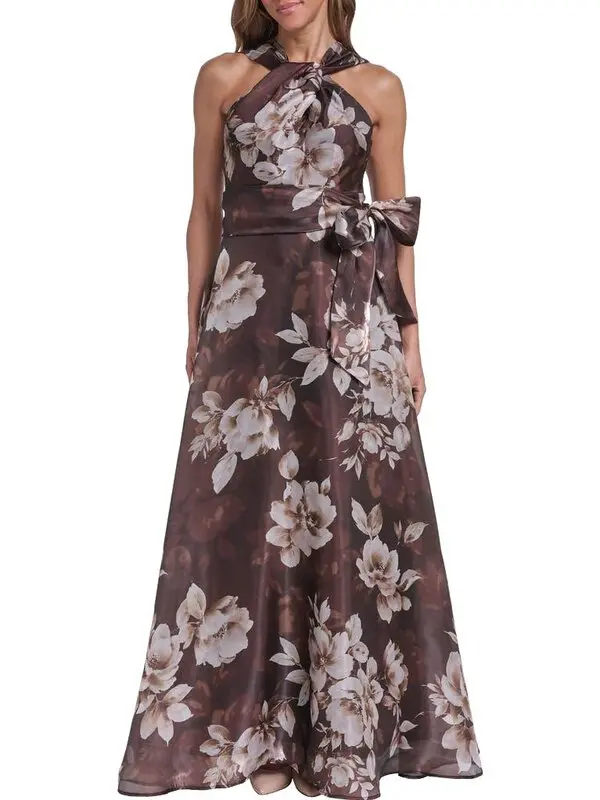 Eliza J Floral Twist Neck Ballgown - Chocolate
