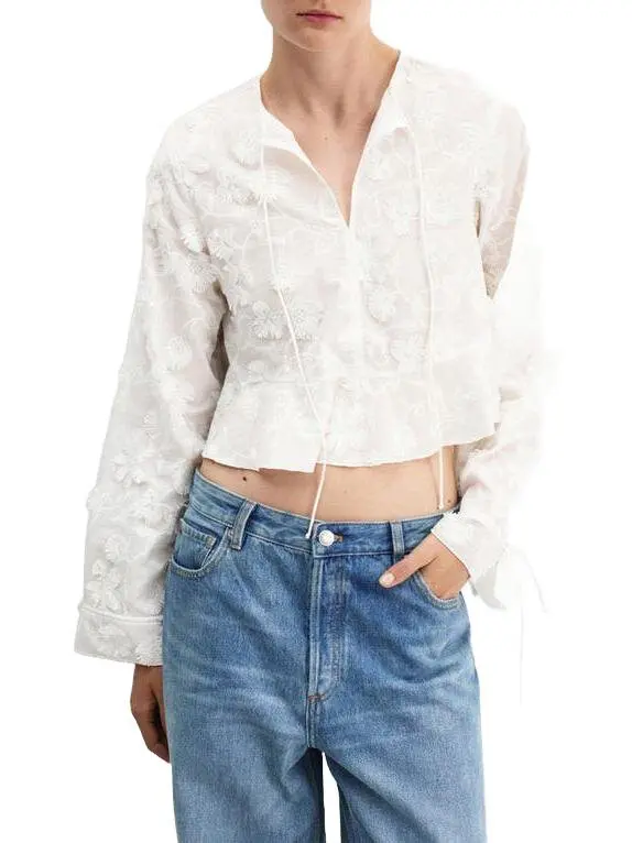 Mango Floral Embroidered Cotton Top - White
