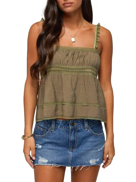 EDIKTED Mable Lace Trim Tiered Babydoll Tank - Olive