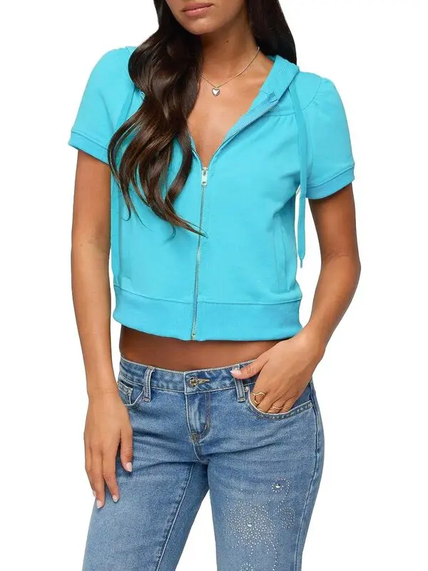 EDIKTED Daisi Short Sleeve Zip Hoodie - Turquoise