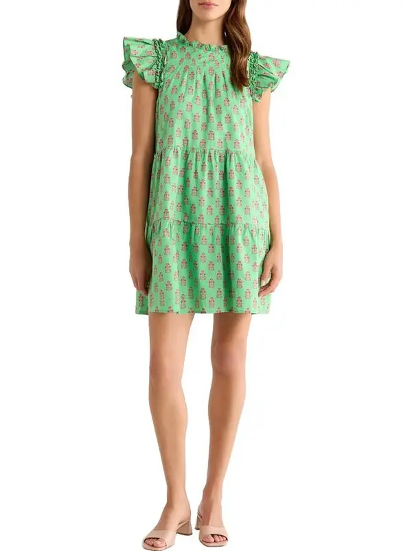 SUGARLIPS Lauren Floral Tiered Cotton Dress - Lime-multi