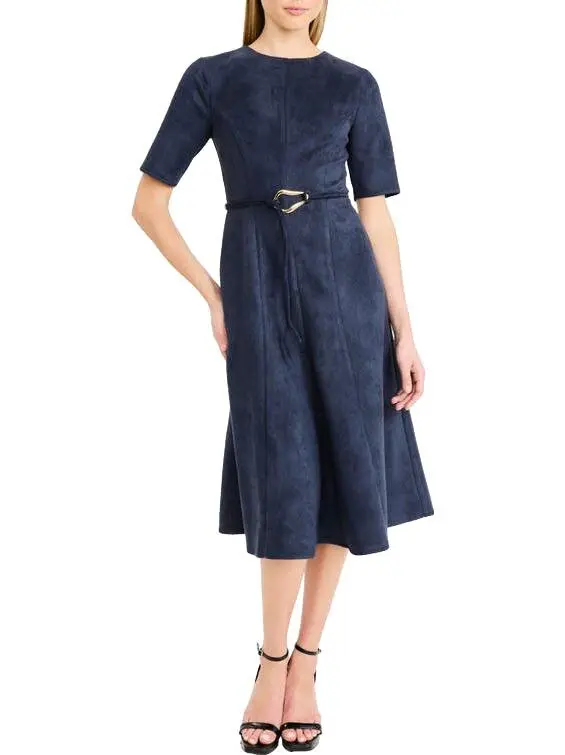 Maggy London Belted Velvet Midi Dress - Navy