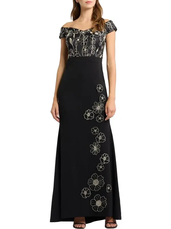 Eliza J Floral Embroidered Off The Shoulder Trumpet Gown - Black