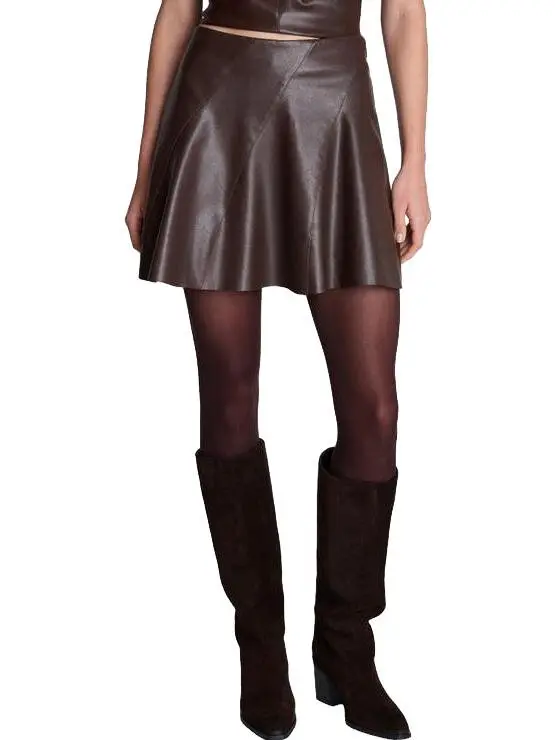 KENNETH COLE Faux Leather Seamed Flare Miniskirt - Medium Bark