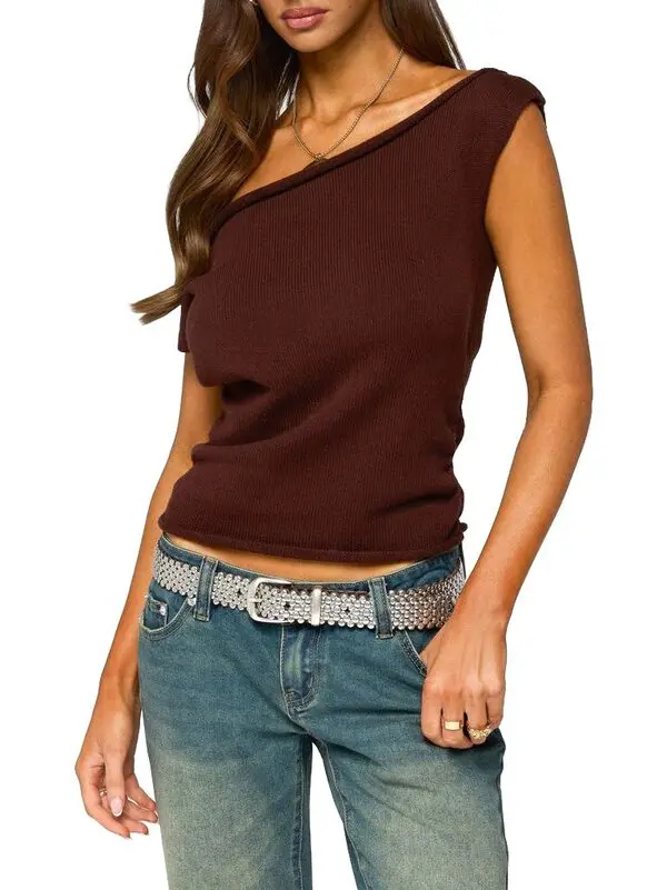 EDIKTED Lauria Off Shoulder Rib Knit Top - Brown