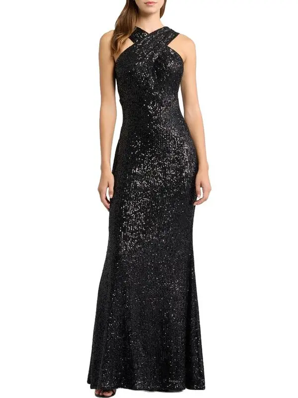 Eliza J Sequin Halter Neck Mermaid Gown - Black