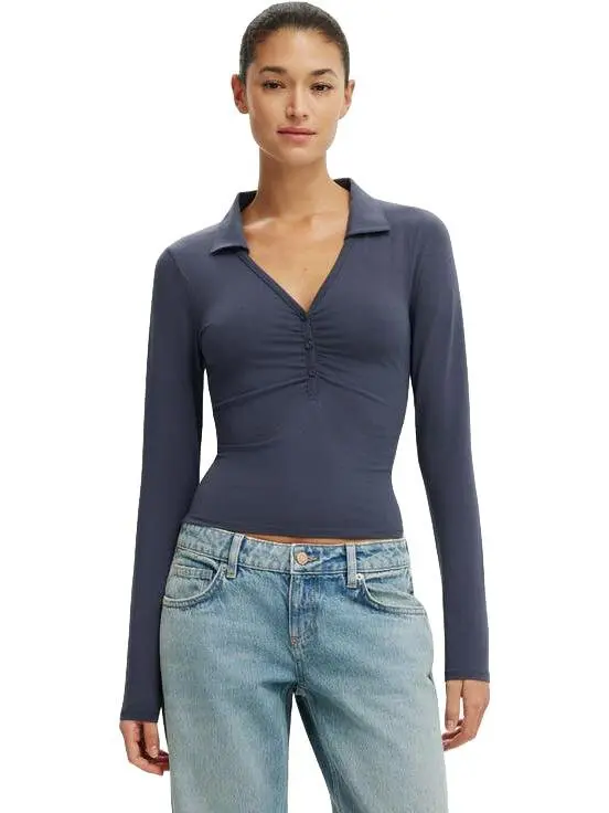COTTON ON Henley Long Sleeve Polo - Collegiate Navy