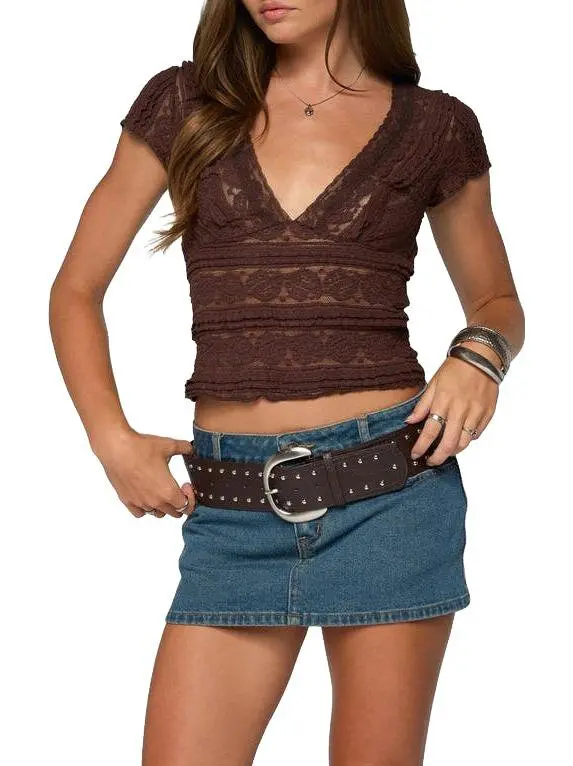 EDIKTED Avalee Plunge Neck Lace Crop Top - Brown