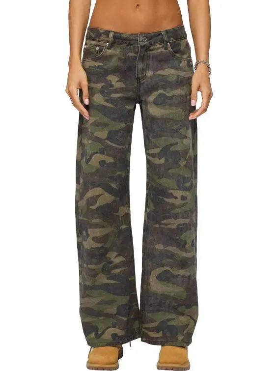 EDIKTED Soya Camo Print Low Rise Baggy Jeans - Olive-washed