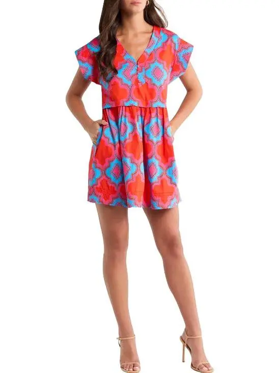 SUGARLIPS Devany Jolene Abstract Print Cotton Trapeze Minidress - Red-blue-multi