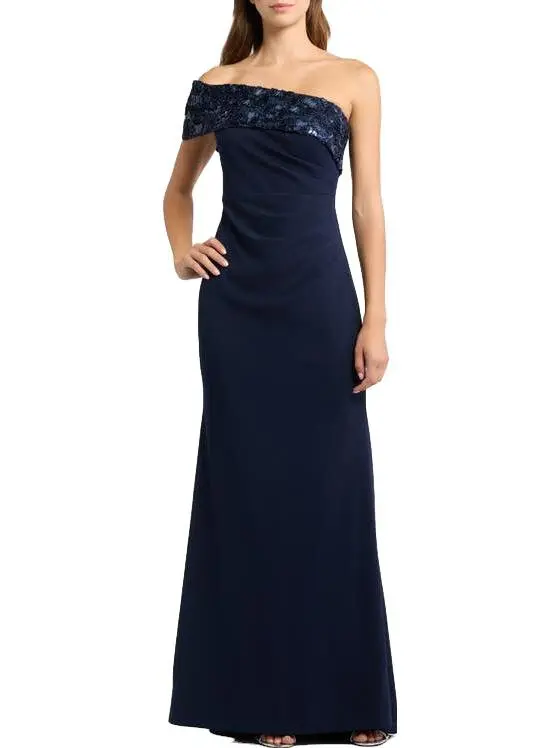 Eliza J Soutache One-shoulder Crepe Mermaid Gown - Navy