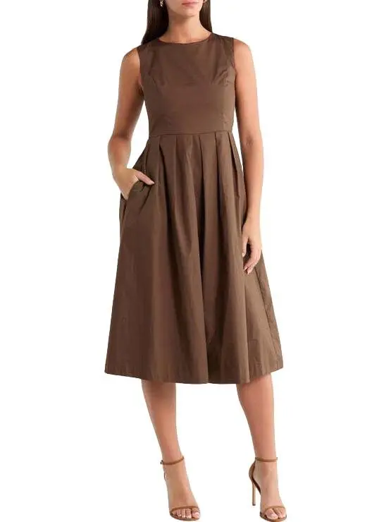 SUGARLIPS Emily Pleated Cotton Midi Dress - Brown