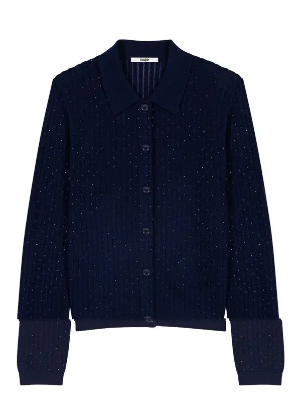 Maje Rhinestone Polo Collar Cardigan - Navy