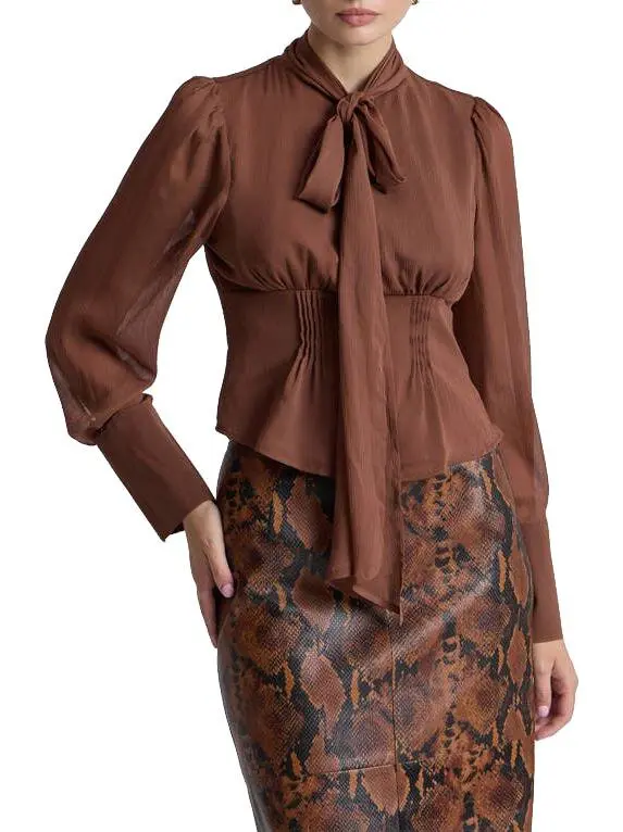 Avec Les Filles Long Sleeve Bow Tie Crinkle Crepe Top - Brown